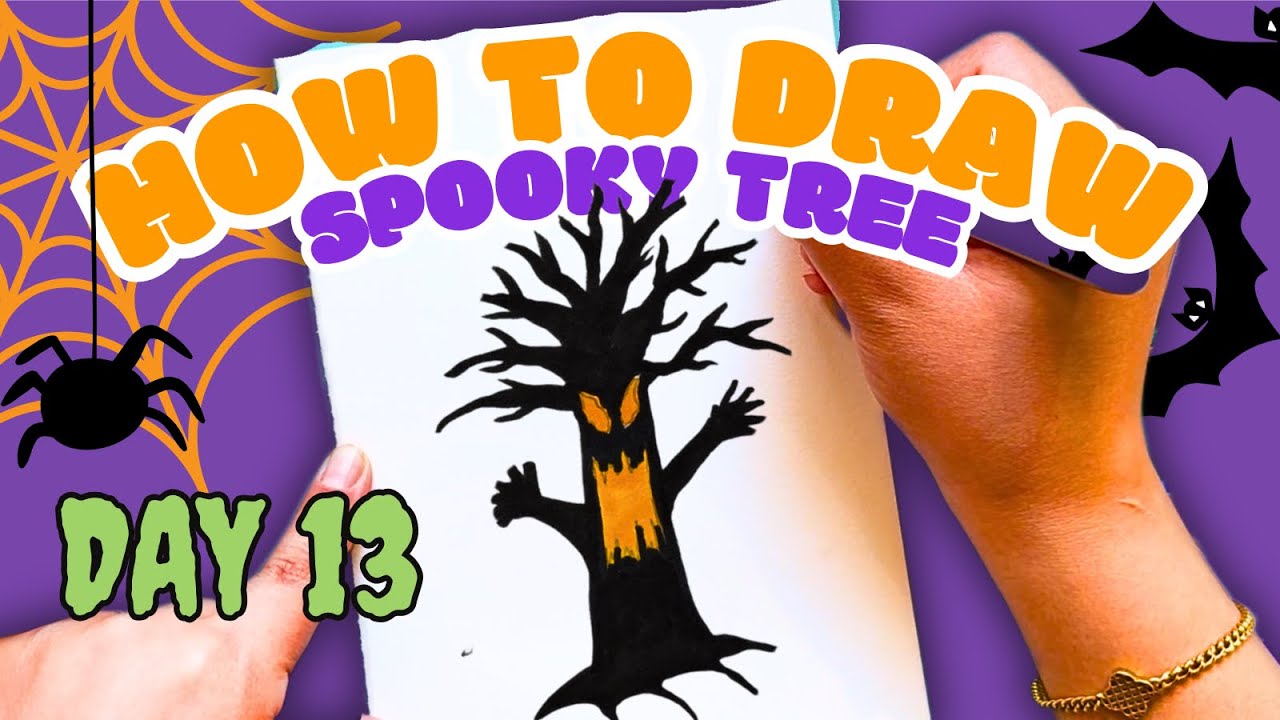 Easy Step by Step Creepy Tree Drawing for kids - Halloween Drawing ...