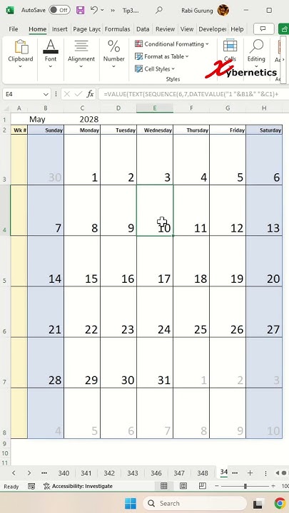 Dynamic Calendar Template In Excel with week number- Excel Tips and ...