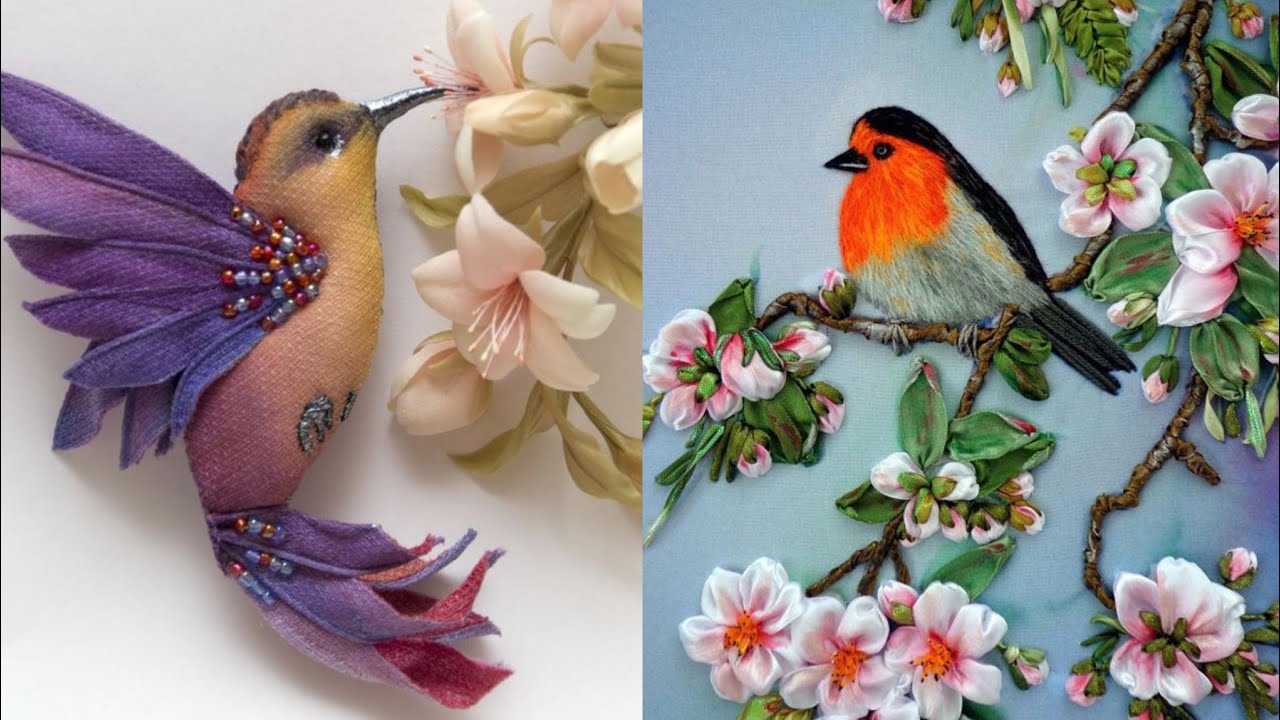 Silk ribbon embroidery roose pattern sparrow bird design 2021 - YouTube