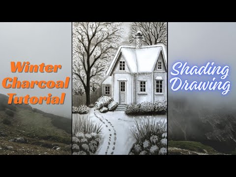Winter Charcoal Drawing Tutorial | Snowy House Shading Step by Step ...