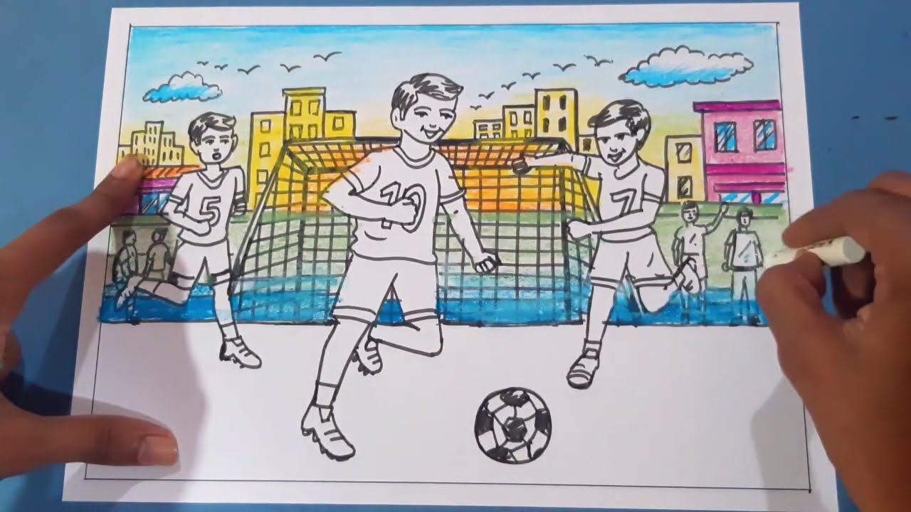 How to Colour Football game drawing | स्मरणचित्र | फुटबॉल खेळणारी मुले ...
