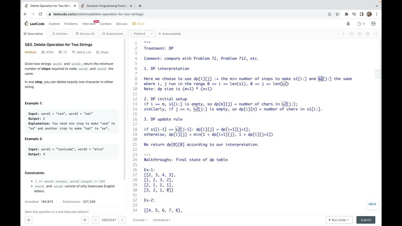 Leetcode 583 Delete Operation For Two Strings Dynamic Programming