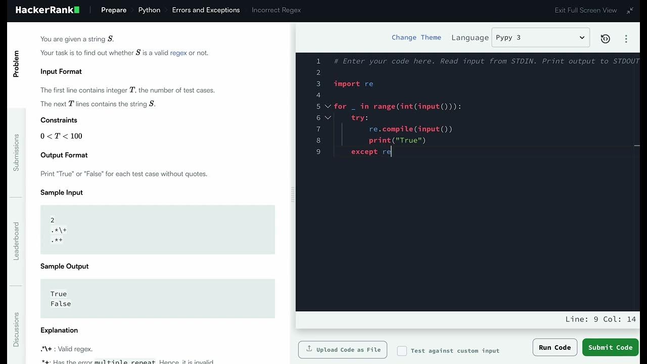 Hackerrank Python Solution 2 Errors And Exceptions Python Incorrect Regex Youtube