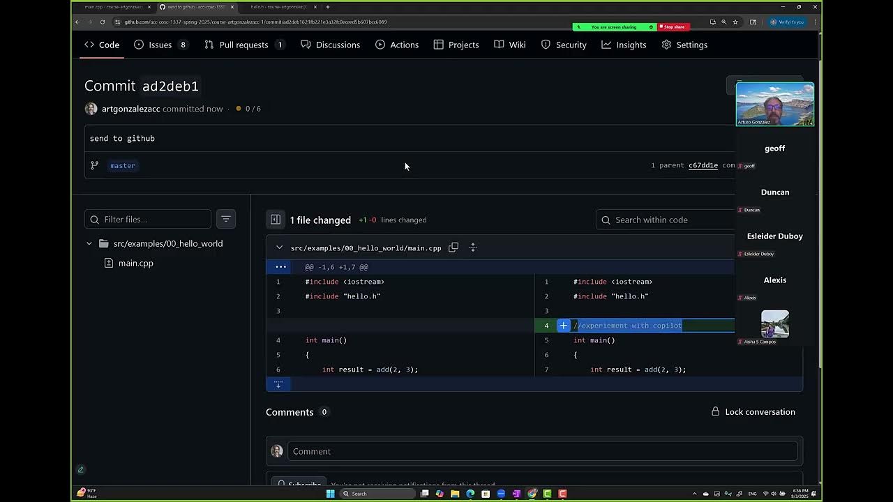 090325 COSC 1337 C++ Send Code change from Codespaces Visual Studio to GitHub - YouTube