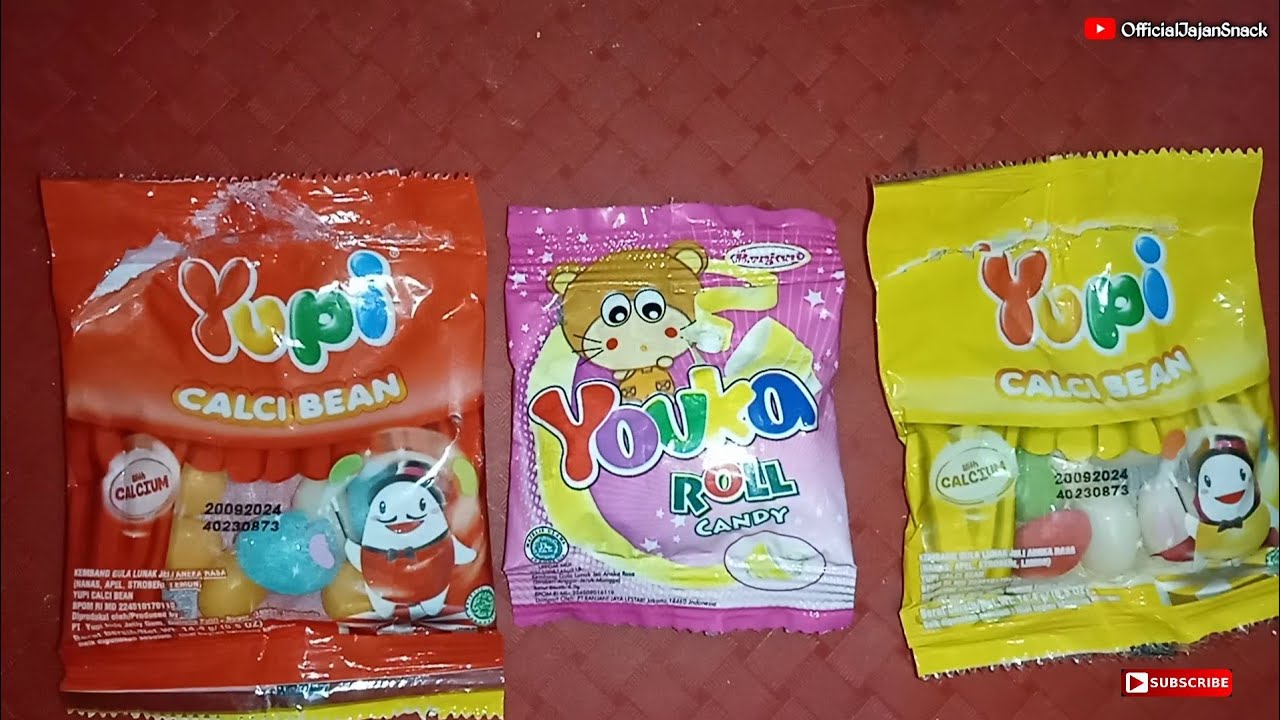 ASMR Opening Yupi Calci Bean Red vs Youka Roll Candy Pink vs Yupi Calci ...