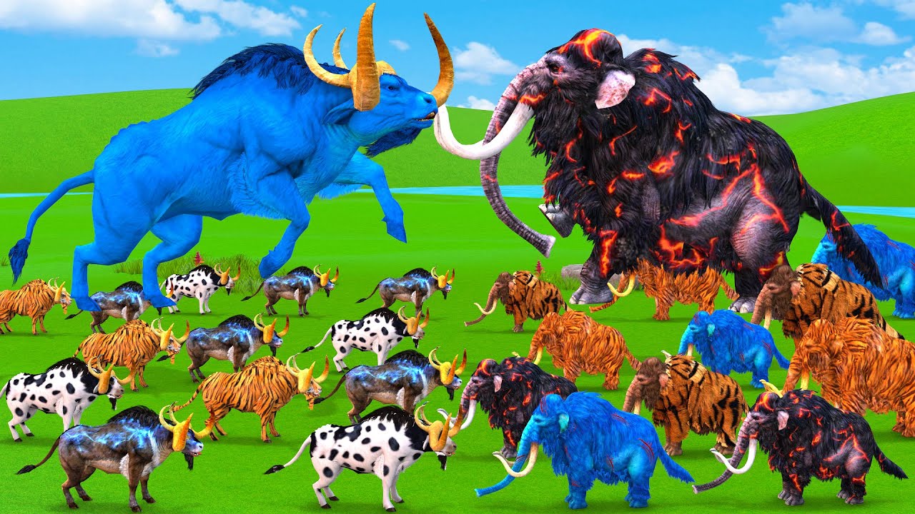 10 Woolly Mammoth vs 10 Big Bulls vs Giant Tiger Wolf Attack Cow ...