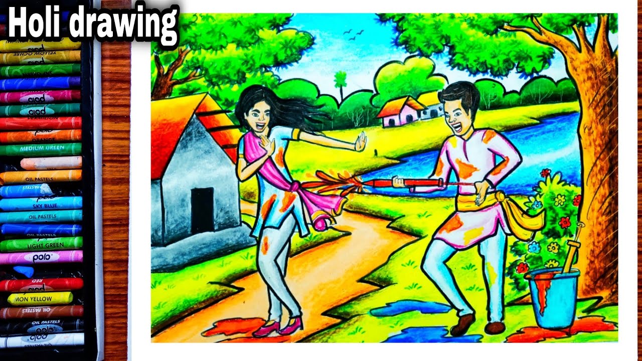 Holi drawing/Holi drawing scenery very easy/Holi festival drawing easy ...
