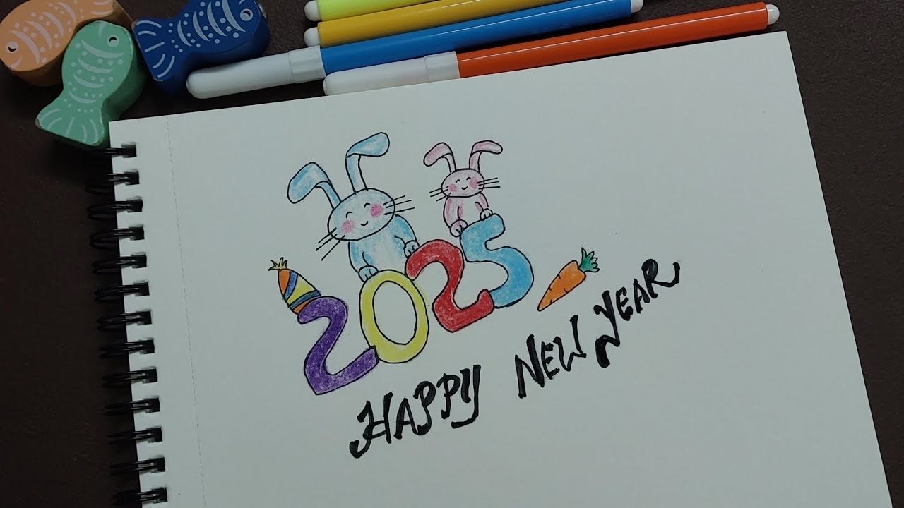 Rabbit &kitten Happy new year drawing tutorial|new year drawing 2025 ...
