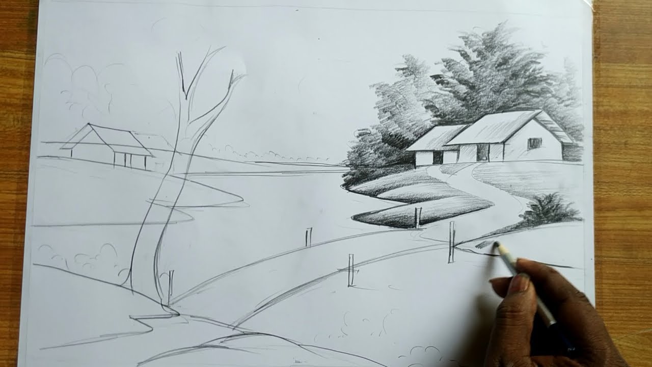 how to draw easy pencil sketch scenery,landscape pahar and river side ...