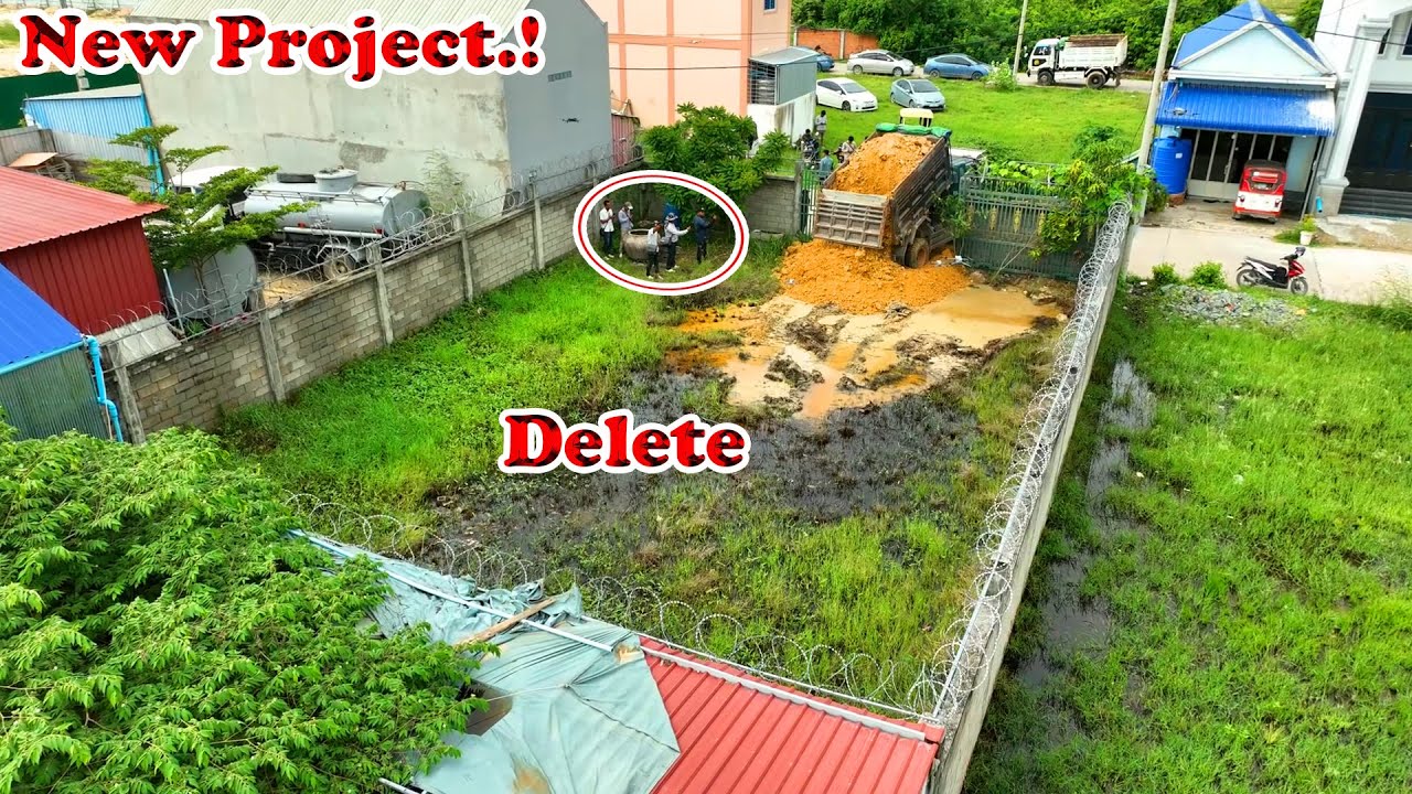 First new project ! landfill Up of size 15x30 M by KOMATS'U Bulldozer Push With Dump Truck 5T ...
