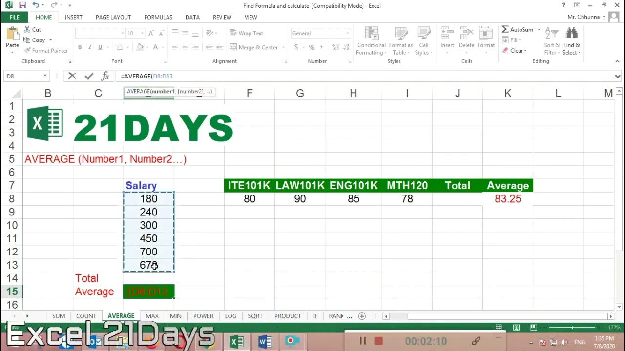Day 1 ថ្ងៃទី១ Excel Math Basics Sum Count Average Max Min Youtube
