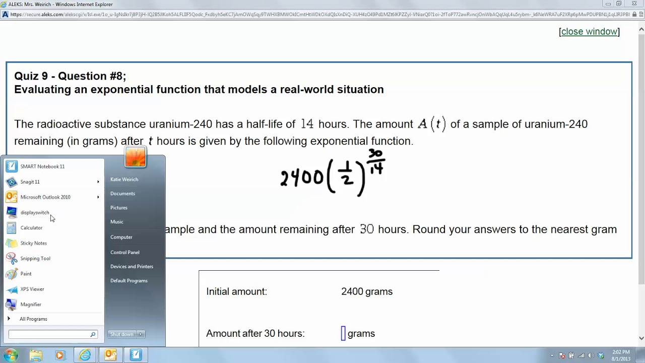 Evaluating an exponential function that models a real world situation ...