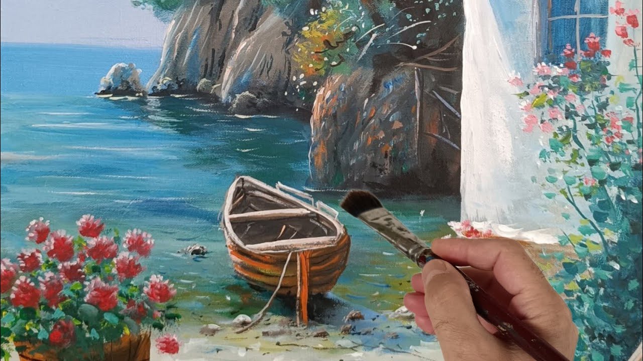 Deniz Kıyısı Akrilik Boya Landscape Acrylic Painting Art - YouTube