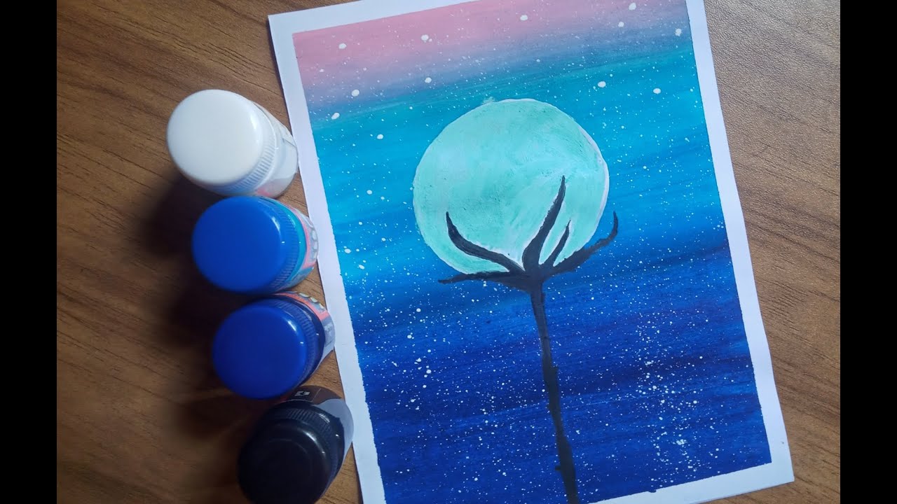 Easy Drawing With Poster Colours| Moon seen|Blue sky| Step by step ...