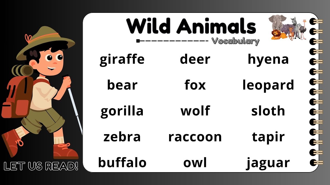 WILD ANIMALS VOCABULARY | LEARN ANIMAL NAMES | Read along with me ...