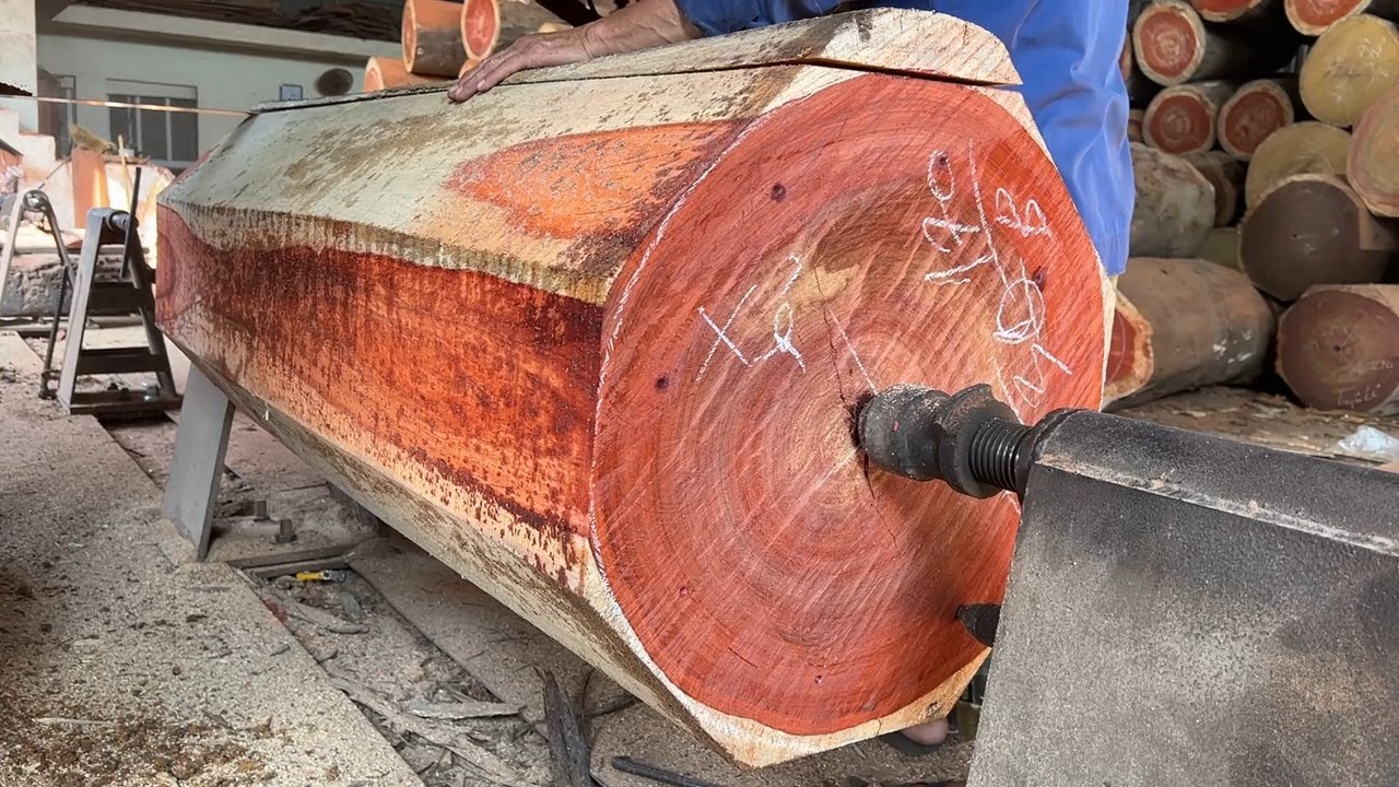The Process of Carving a Giant Red Log in a Factory | Young Man's Work ...