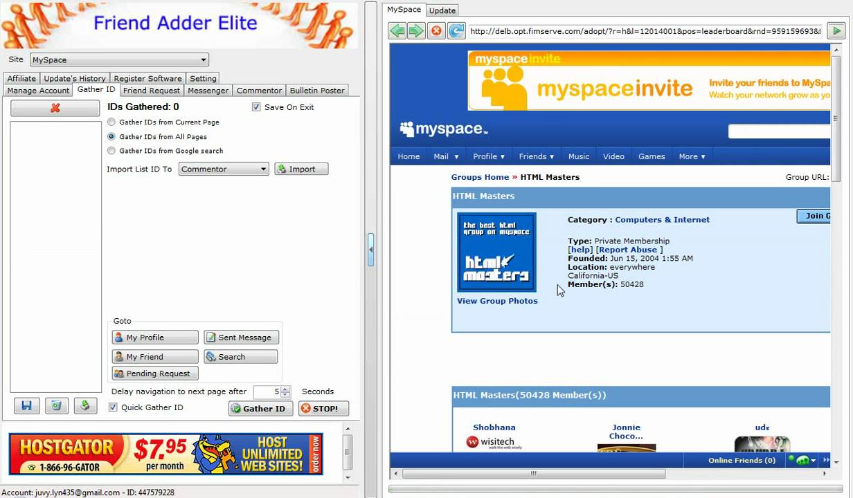 My Space Friend Adder Elite Software ( Gathering ID's) - YouTube
