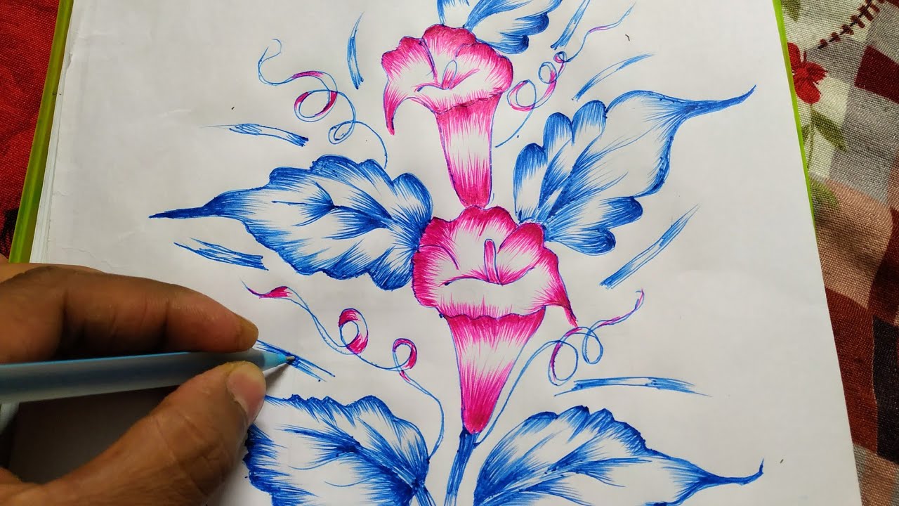 Drawing flowers .esy drawing.two colours pen - YouTube