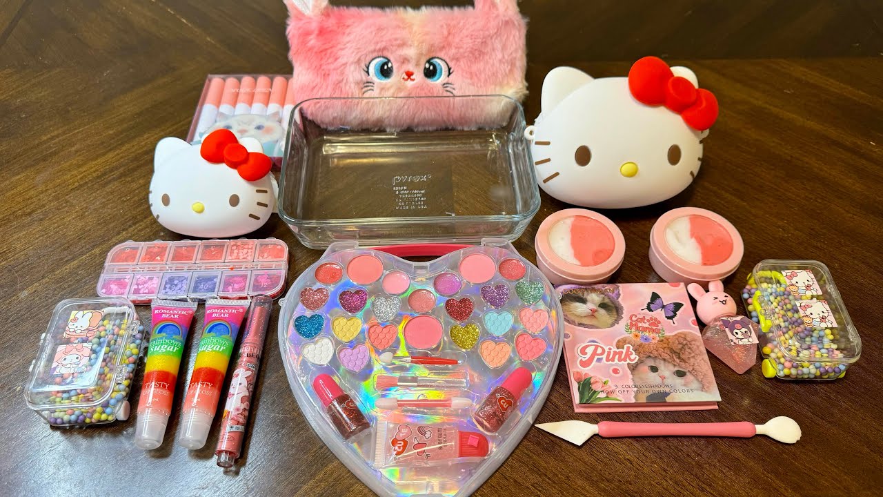 Hello Kitty Slime | ASMR | Mixing Make Up Eyeshadow,Lipstick, Glitters ...