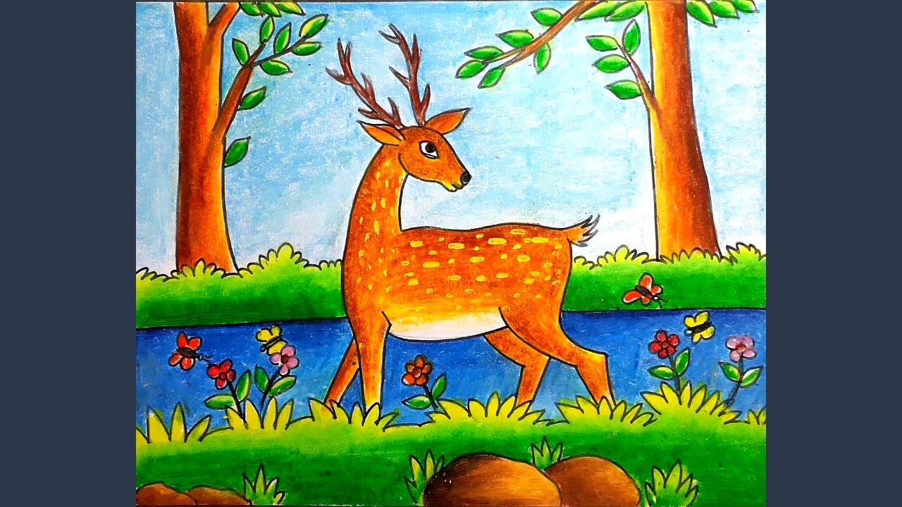 How To Draw A Forest Scenery Step By Step | Deer Scenery Drawing Step ...