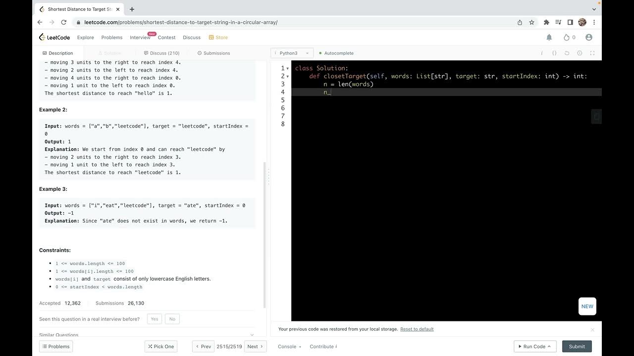 leetcode 2515. Shortest Distance to Target String in a Circular Array ...