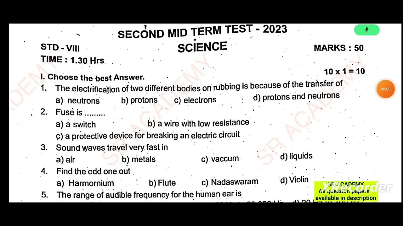 8th science 2nd midterm 2023 original question paper thiruppattur dt ...