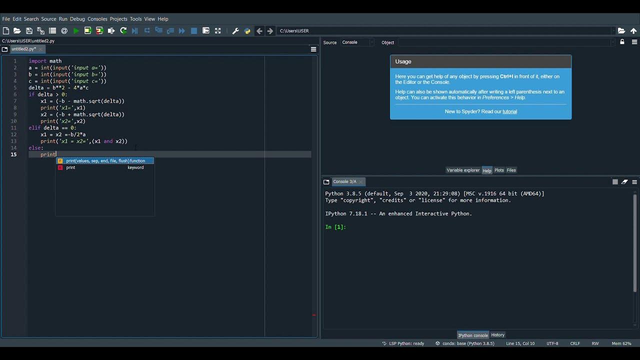 Solve a second degree equation with python programing by using spyder in ANACONDA. - YouTube