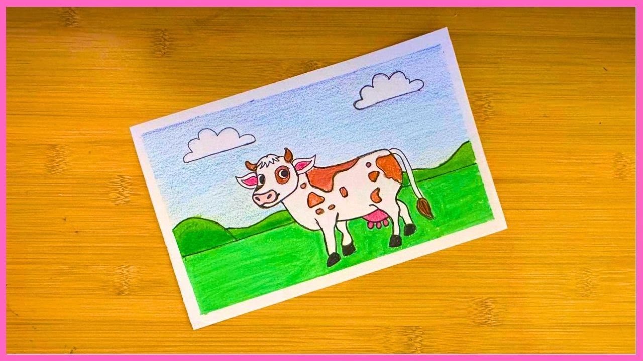 How to draw Cow (step by step)| Cow Scenery drawing | Easy Scenery ...