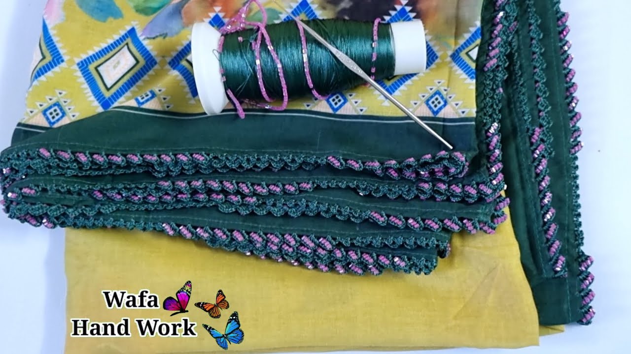 Dupatta Design With Beads 💚 Crosia Hand work Design | Crochet Easy Lace ...