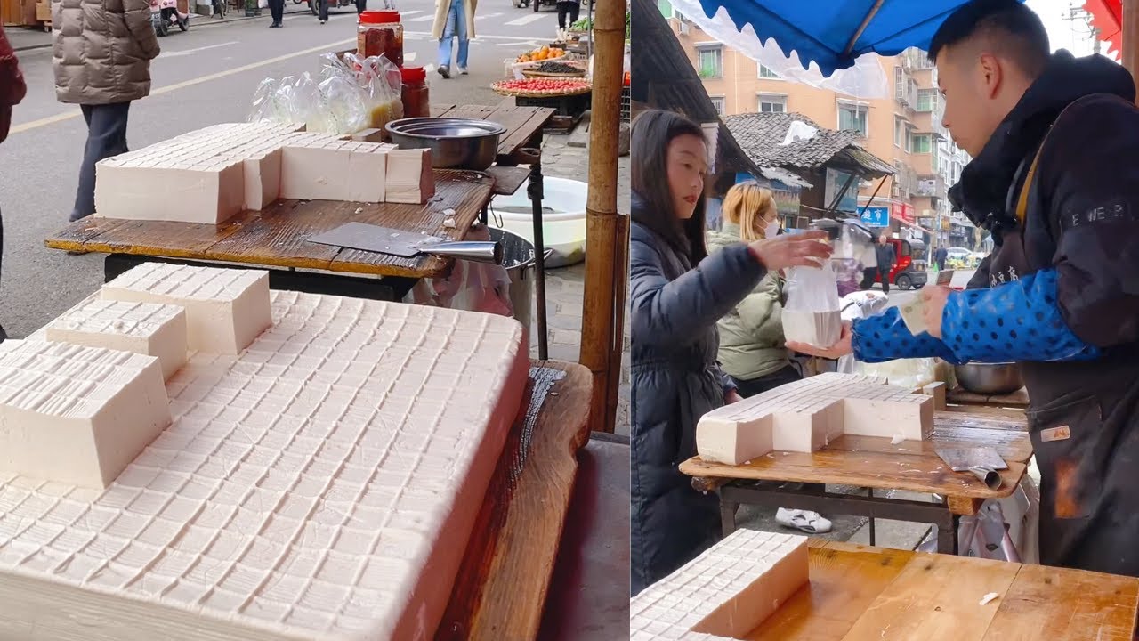 Morning market stall selling tofu - YouTube