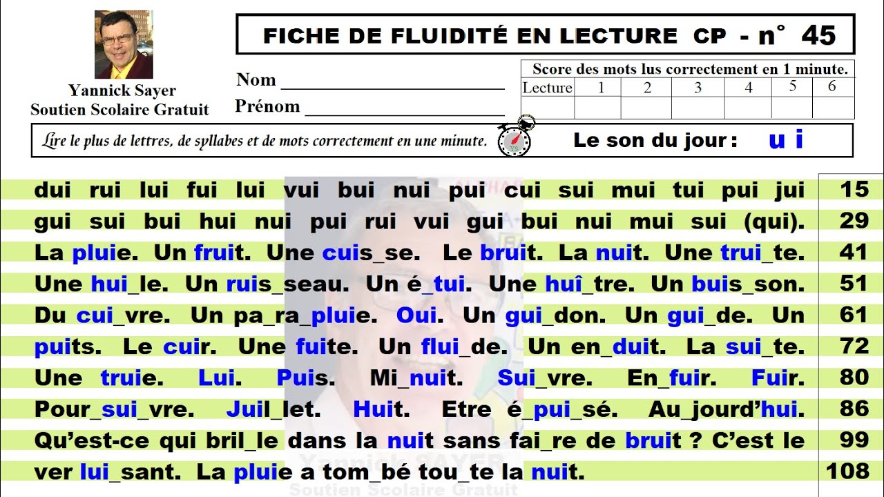 Exercices de fluidité en lecture 1ère année GS / CP : son ui [u - i ...