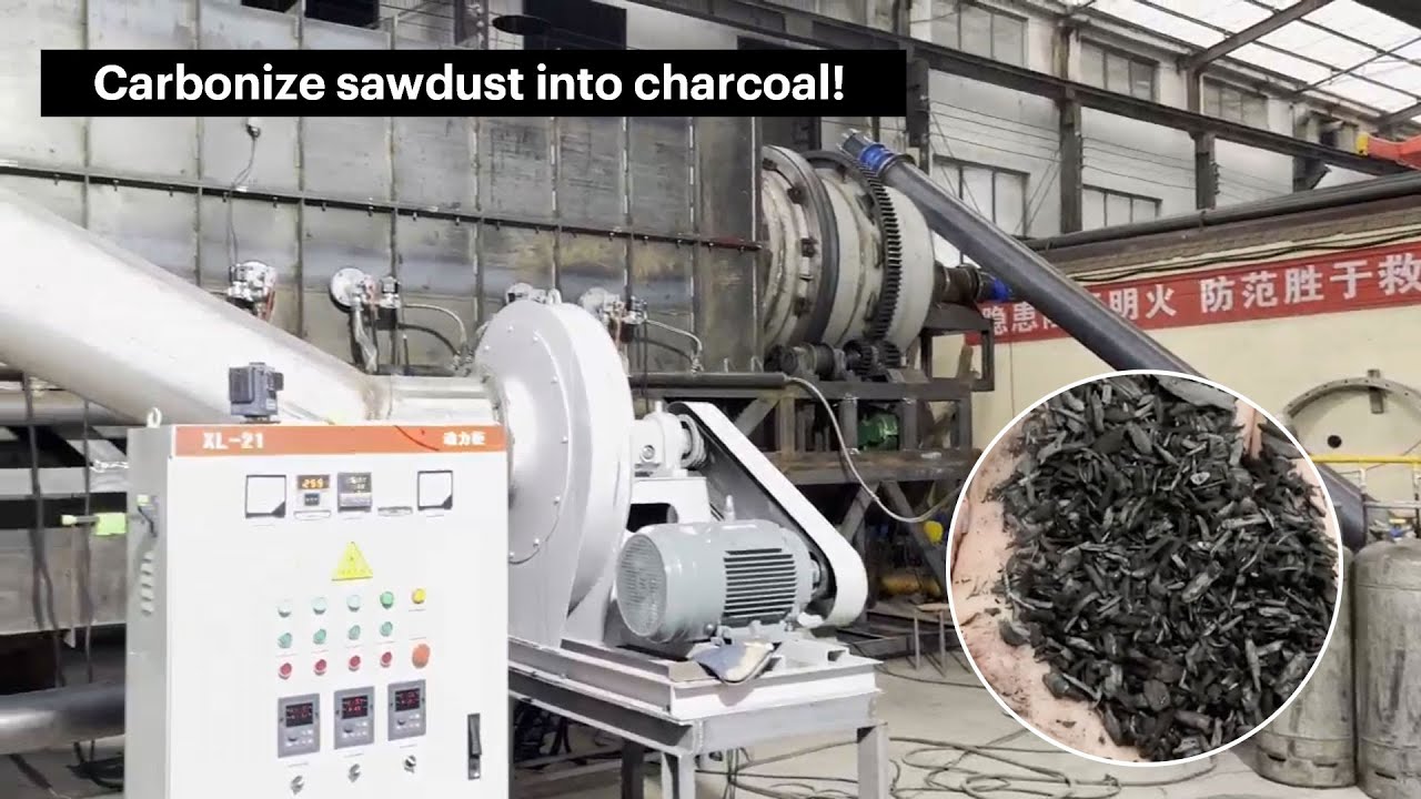 New continuous drum carbonization furnace to carbonize sawdust - YouTube