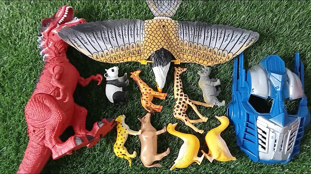 Menemukan hewan sapi, bebek, badak, panda, t rex, elang, topeng ...