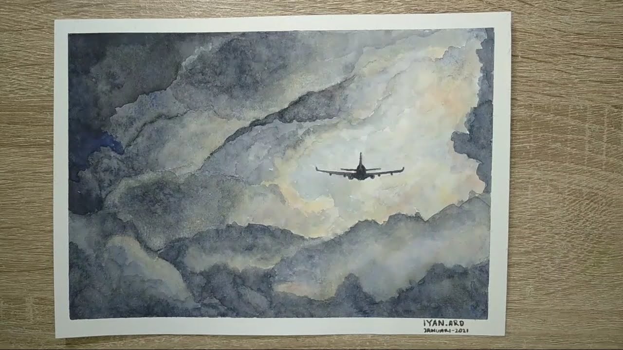 Menggambar pesawat terbang di antara awan | watercolor painting - YouTube
