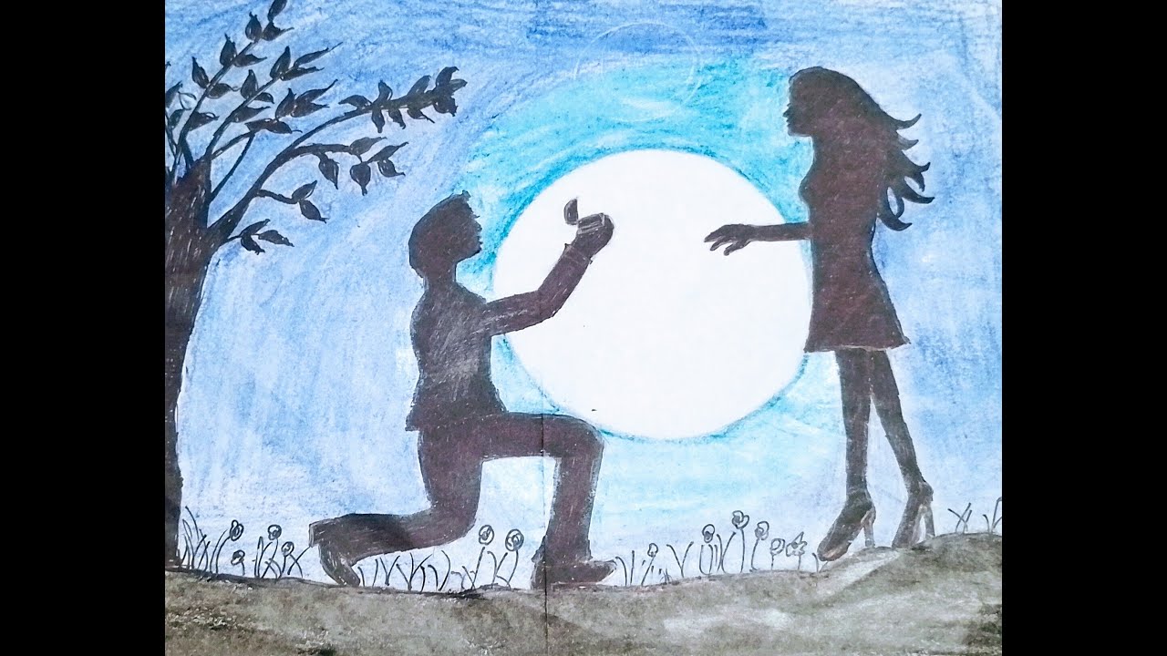 Romantic propose scenery | How to draw romantic couple under a tree ...