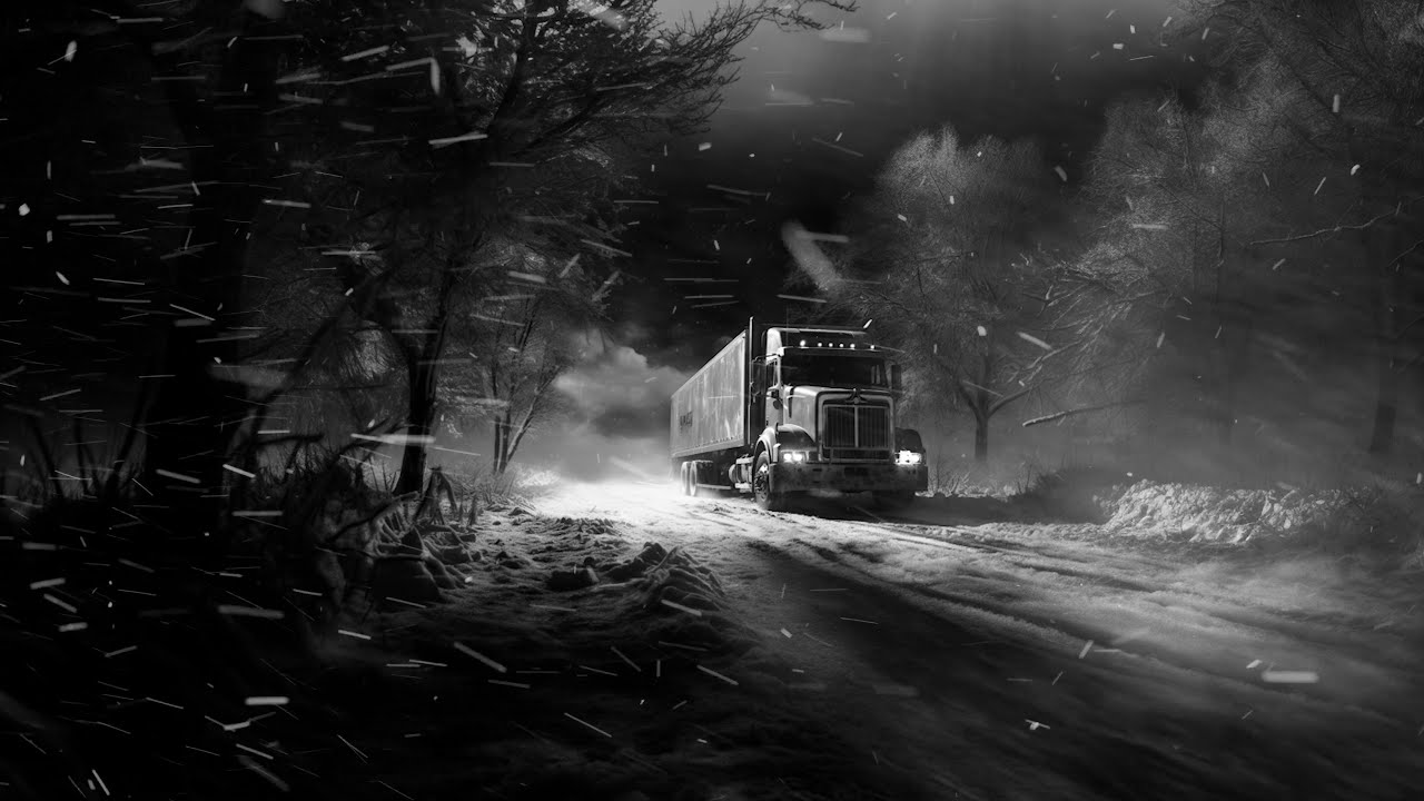 A semi truck driving through the dark snowy woods at night - Strong ...
