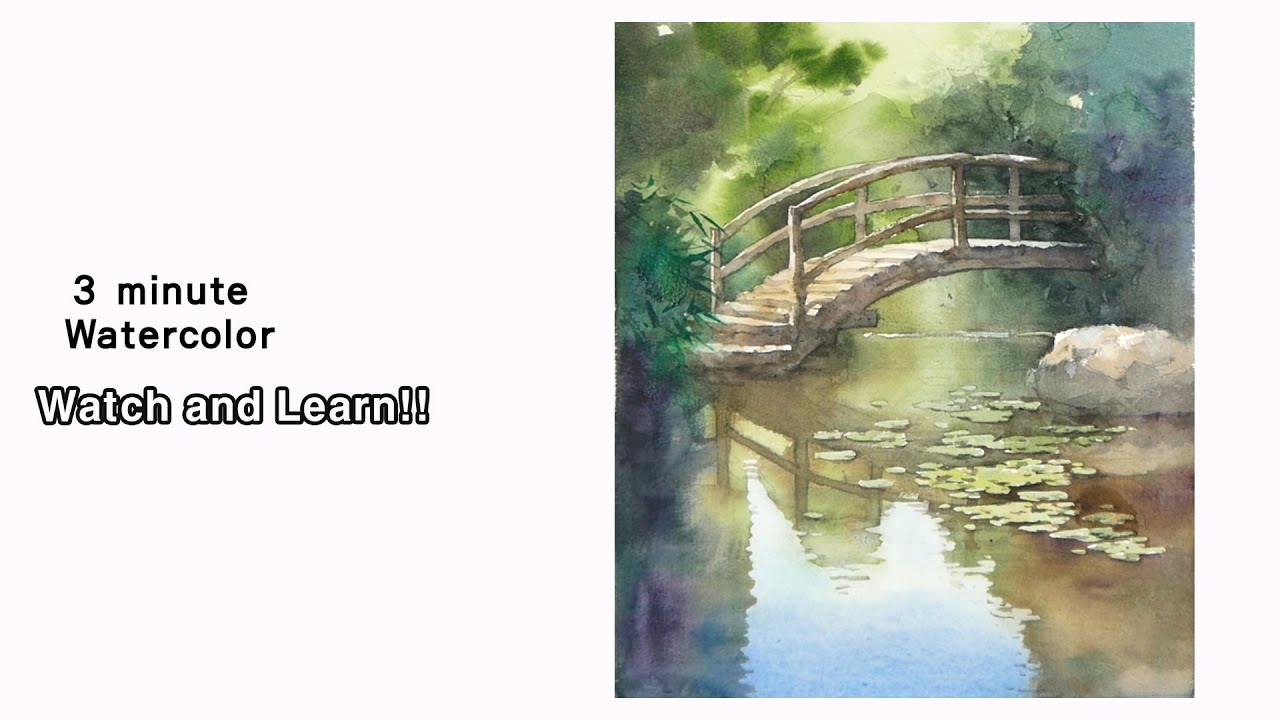 [ 3 minute Watercolor - Watch and Learn ] Wooden bridge in a forest ...