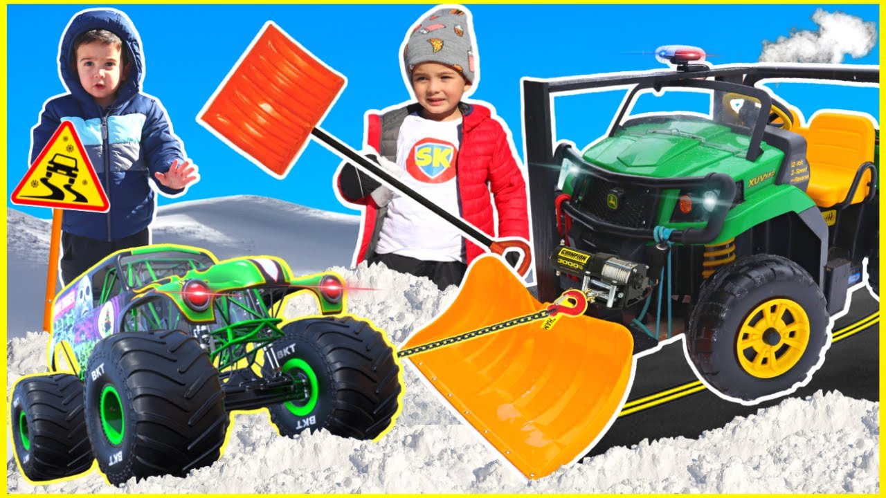 Plowing snow with kids ride on gator and racing monster truck ...
