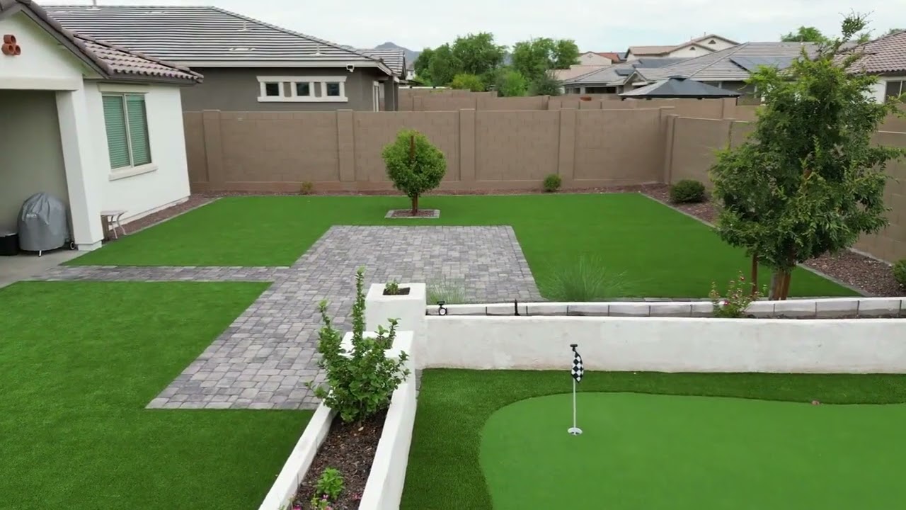 Back Yard with Turf, Pavers and Putting Green - YouTube