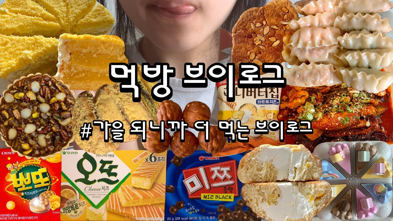 먹방 브이로그 가을 되니까 더 먹는 브이로그 고구마케이크크룽지고기만두김치만두옥수수크림빵호두파이아이스크림케이크코다리찜허니버터칩뽀또오뜨신상과자폭식입