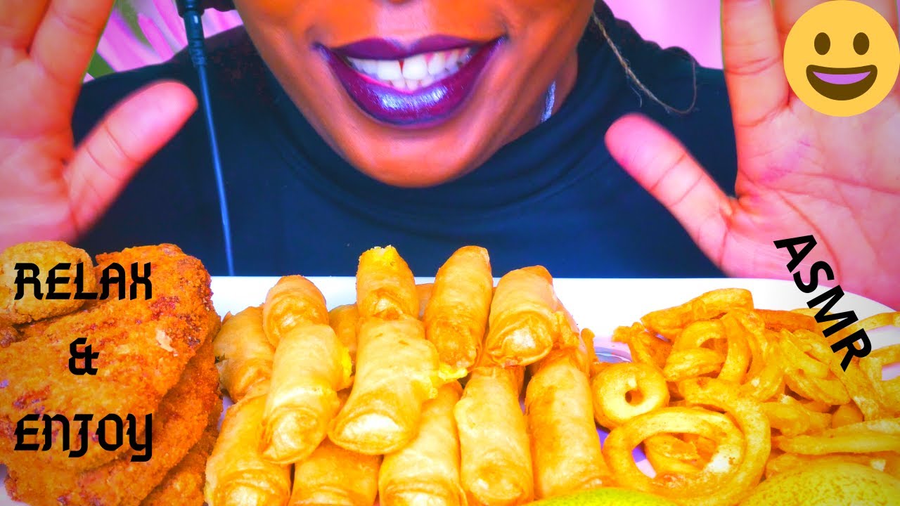 ASMR FRIED FOOD FEAST SPRING ROLLS, CHEESY HAMWICH,SCALLOP,CURLY FRIES ...