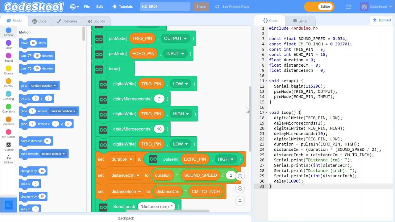 Interfacing HC-SR04 Distance Sensor with ESP32 in Scratch using Block ...