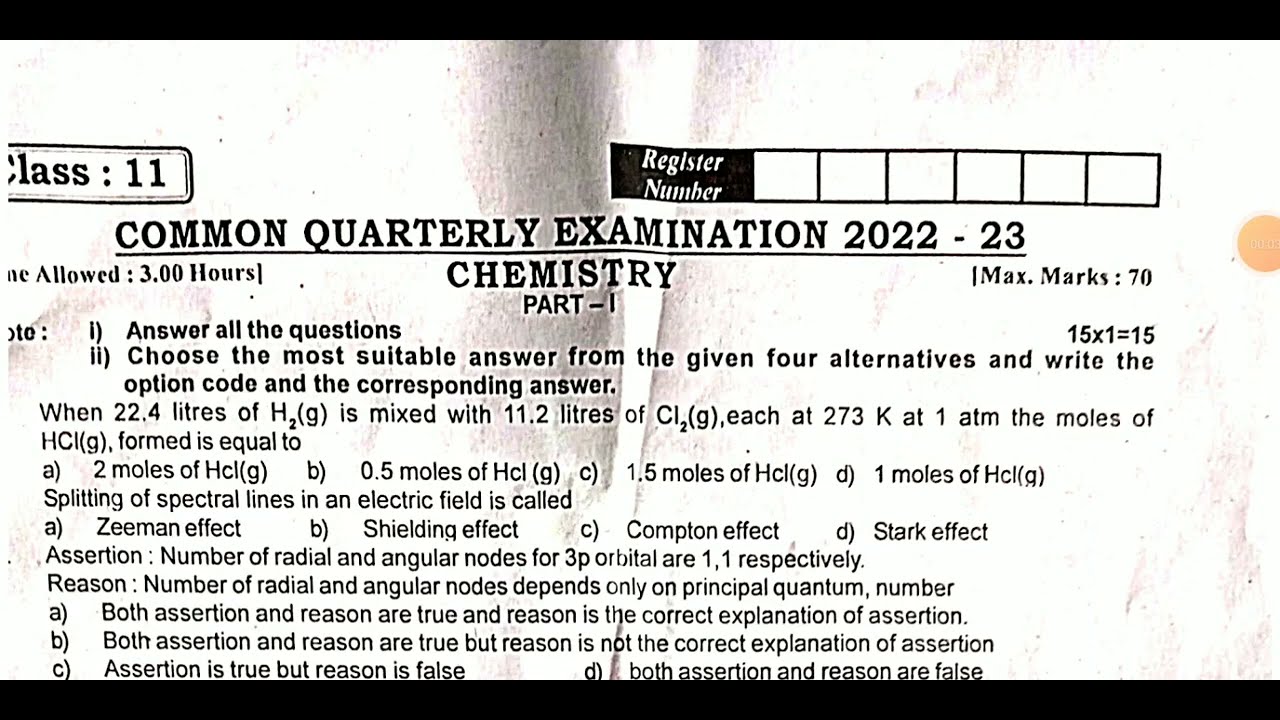 11th standard chemistry quarterly exam question paper English medium ...