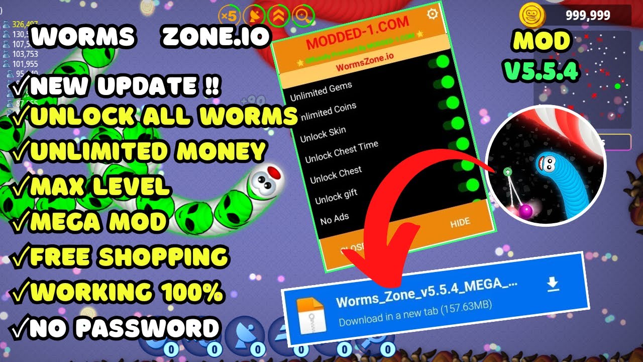 Worms Zone io Mod Apk V5.5.4 2024 | MEGA MENU Unlimited Coin & Unlock ...