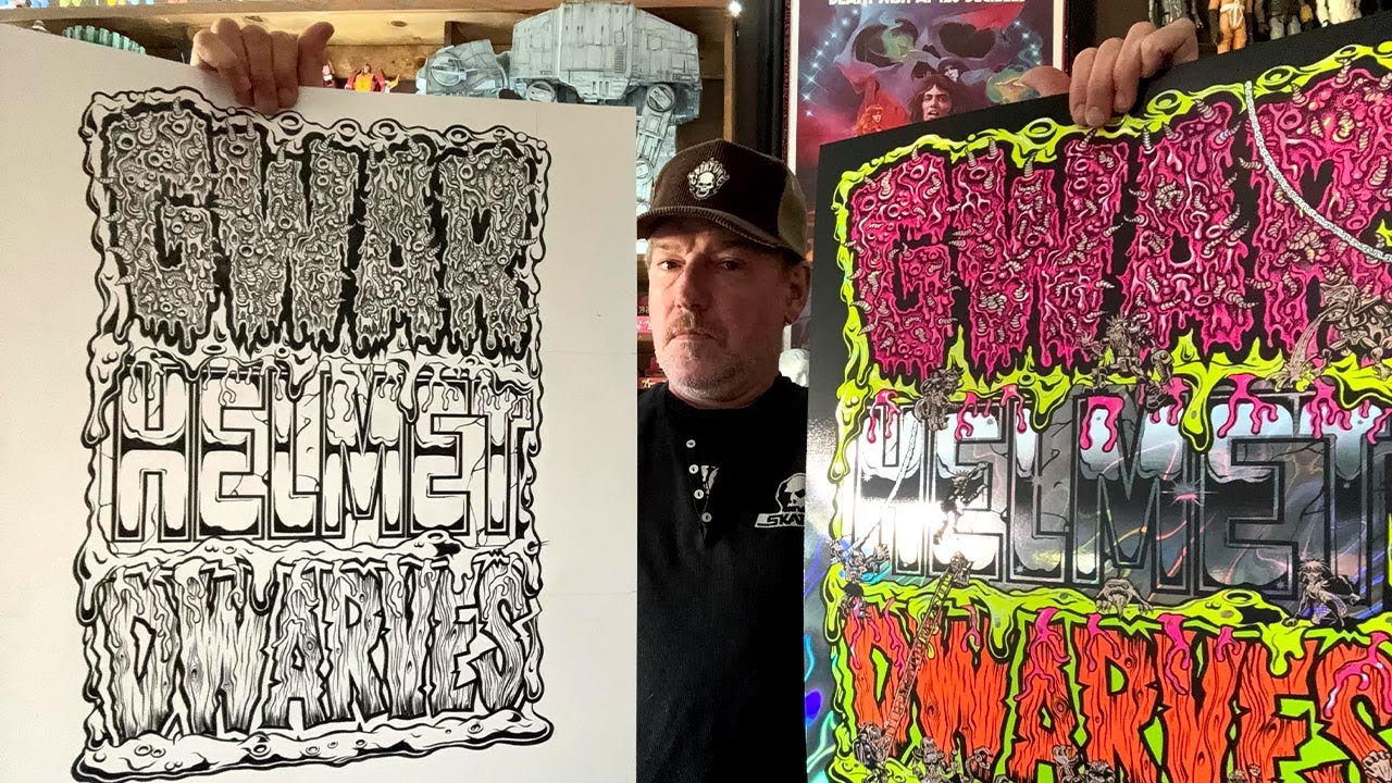 Drawing/designing a GWAR-HELMET-DWARVES tour poster - YouTube
