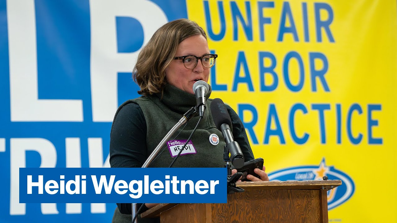 Heidi Wegleitner speaks at OPEIU Local 39’s Ready to Strike press ...