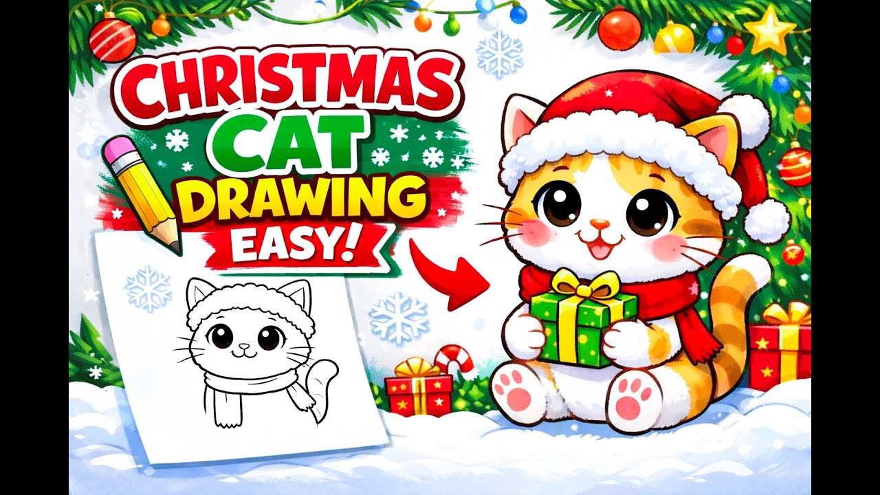 How to Draw a Cute Christmas Cat / Cat Drawing Easy - YouTube