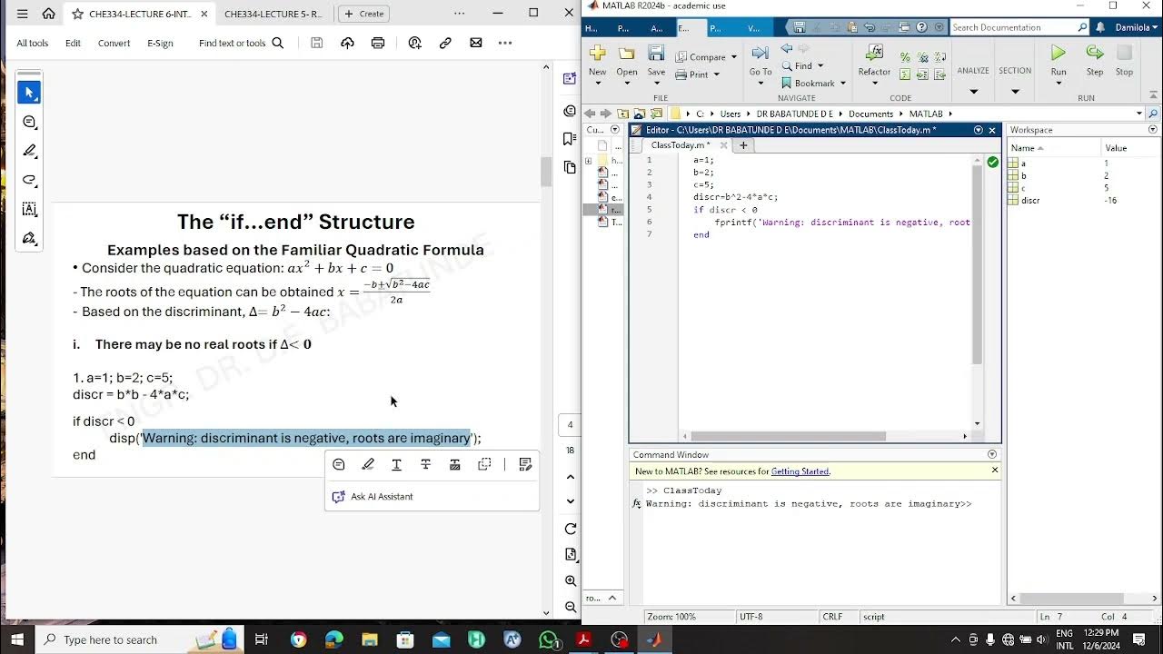 CHE334 - MATLAB - INTRODUCTION TO PROGRAMMING - WEEK TEN - SECOND LECTURE - YouTube