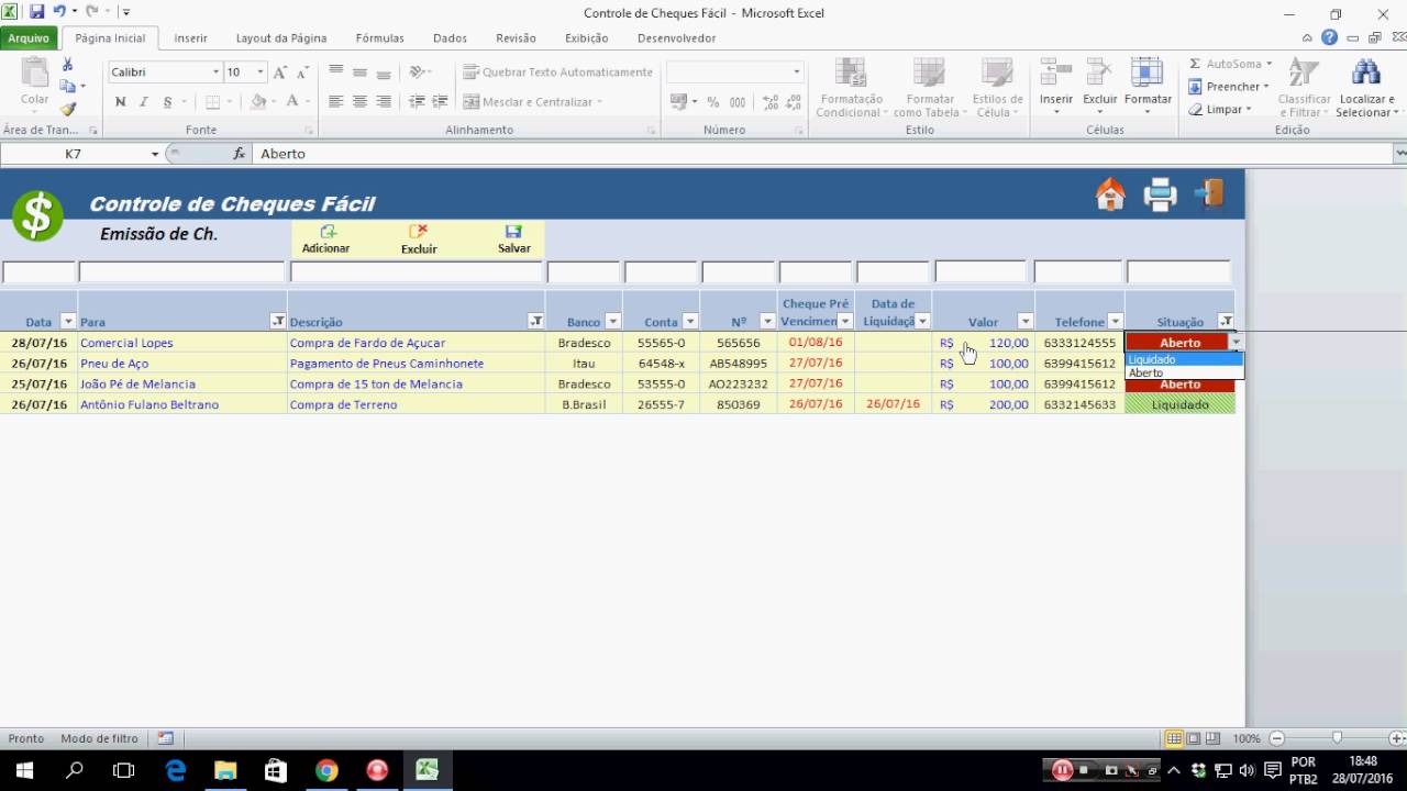 Planilha Excel de Controle de Cheques Fácil - YouTube