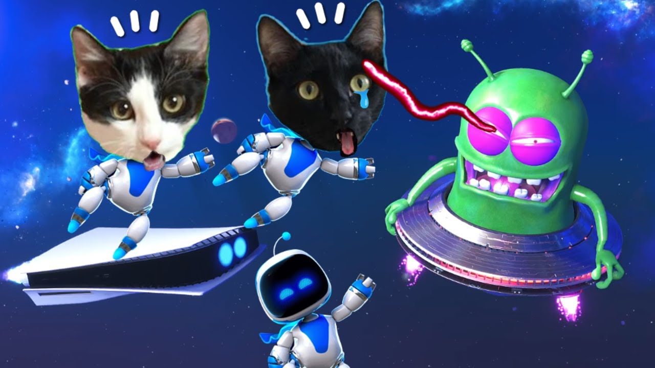 GATO VS ALIEN JUGANDO CON EL ROBOT DE ASTRO BOT PS5 y gatos Luna y ...